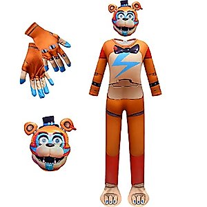 Kids Bear Costume Halloween Security Music Game Bear Costume 5 Night Character Bear Cosplay Outfit Scary Music Five Night's Game Fancy Jumpsuits Funny Dress Party Role Play Costume with Mask Gloves