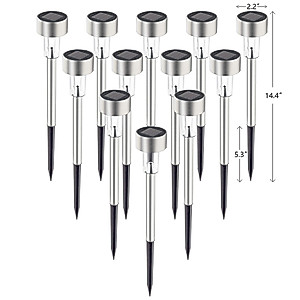 GIGALUMI Solar Pathway Lights 12 Pack, Stainless Steel IP44 Waterproof Auto On/Off Outdoor LED Solar Landscape Lights for Garden, Yard, Patio, Path and Walkway. (Warm White)