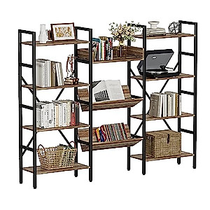 IRONCK Bookcases and Bookshelves Triple Wide 4 Tiers Industrial Bookshelf, Large Etagere Bookshelf Open Record Player Shelves with Metal Frame for Living Room Home Office, Industrial Brown