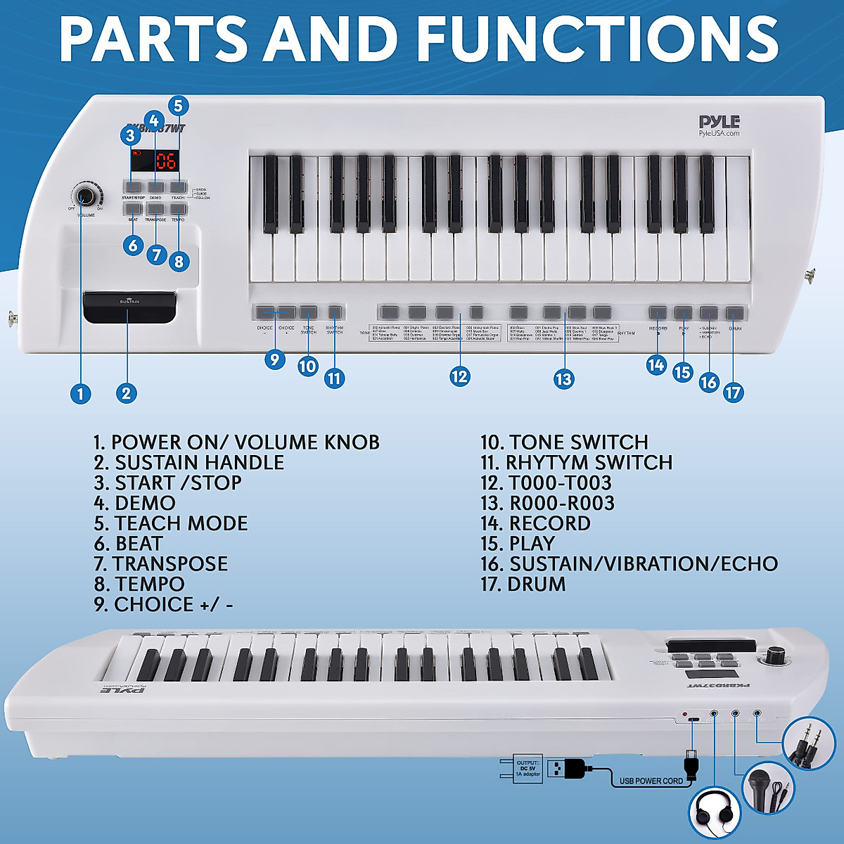 Pyle Portable Piano Keytar Electric Keyboard 37 Keys w/Microphone & Carry Strap, Sustain Controller, Rechargeable Battery - Digital Karaoke Keyboard - Compact Musical Piano White - PKBRD37WT