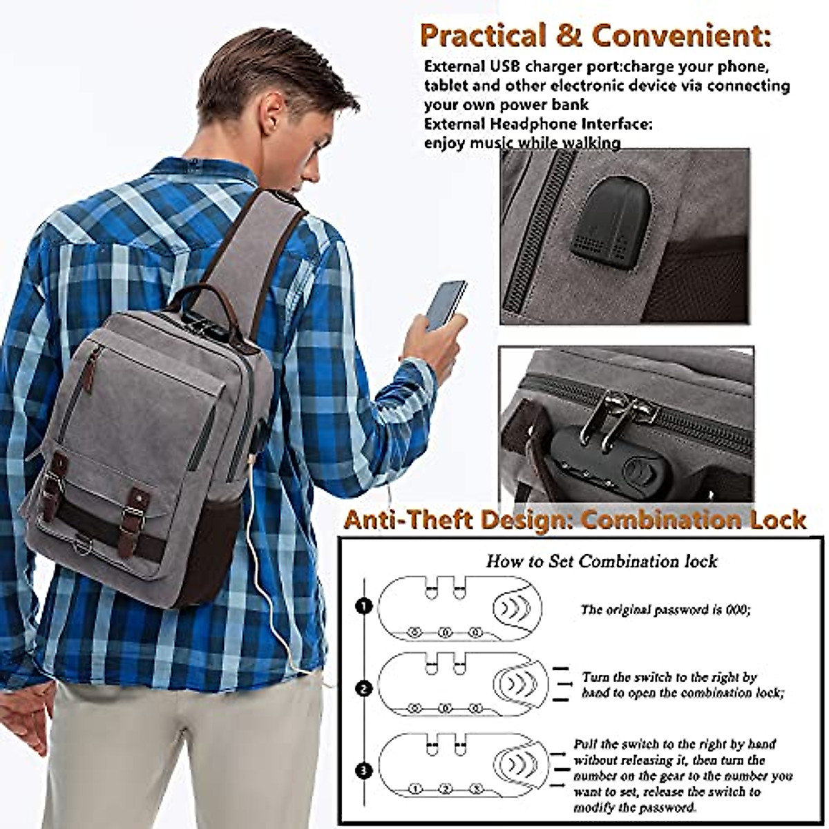 Leaper Canvas Messenger Bag Anti-Theft Crossbody Bags Sling Bag with USB Black, XL