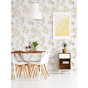Safiyya 118"x17.3" Peel and Stick Wallpaper Gold and White Contact Paper Floral Wallpaper Self Adhesive Removable Wallpaper for Bedroom Covering Vinyl Rolls
