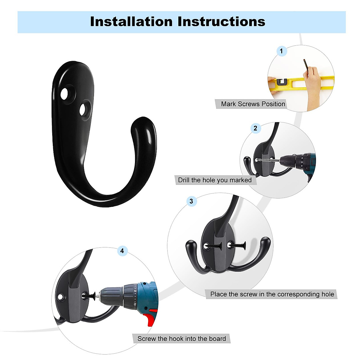 Kruodop 4 Pack Wall Hooks Wall Mounted Coat Hooks for Hanging Heavy Duty, Black Towel Hooks, Metal Single Coat Hanger with Screws Cup Retro for Coats, Handbags, Towels