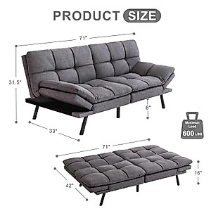 MUUEGM Futon Sofa Bed,Memory Foam Convertible Sleeper Sofa Couch,Modern Futon Couch Daybed Love Seat for Living Room Small Space Apartment Office,Adjustable Armrest Backrest,Linen Fabric,Grey