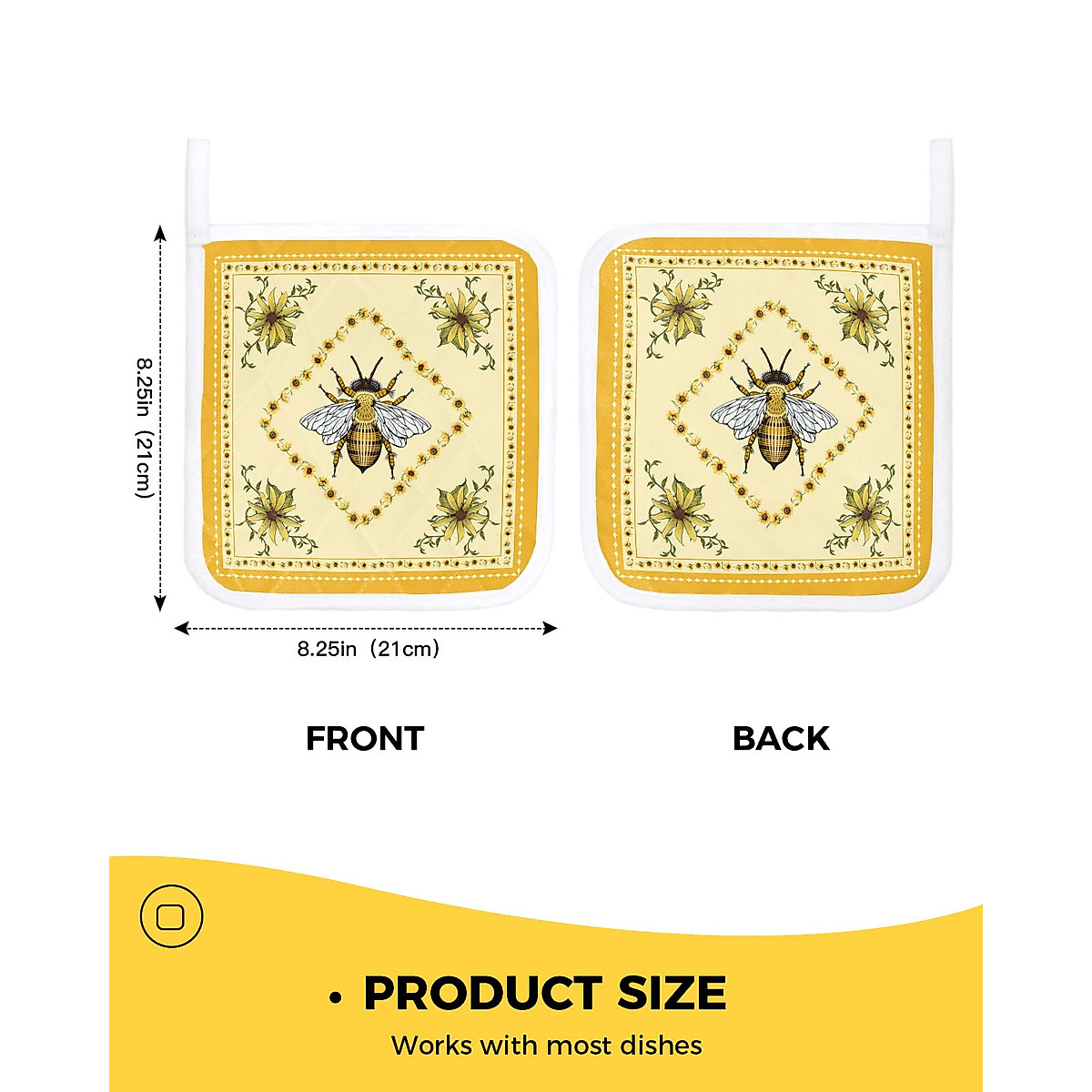 Retro Farm Honeybee Sunflower Potholders for Kitchen Set of 4, Heat Proof Pot Holder Vintage Yellow Washable Oven Hot Pads Potholder for Cooking Baking