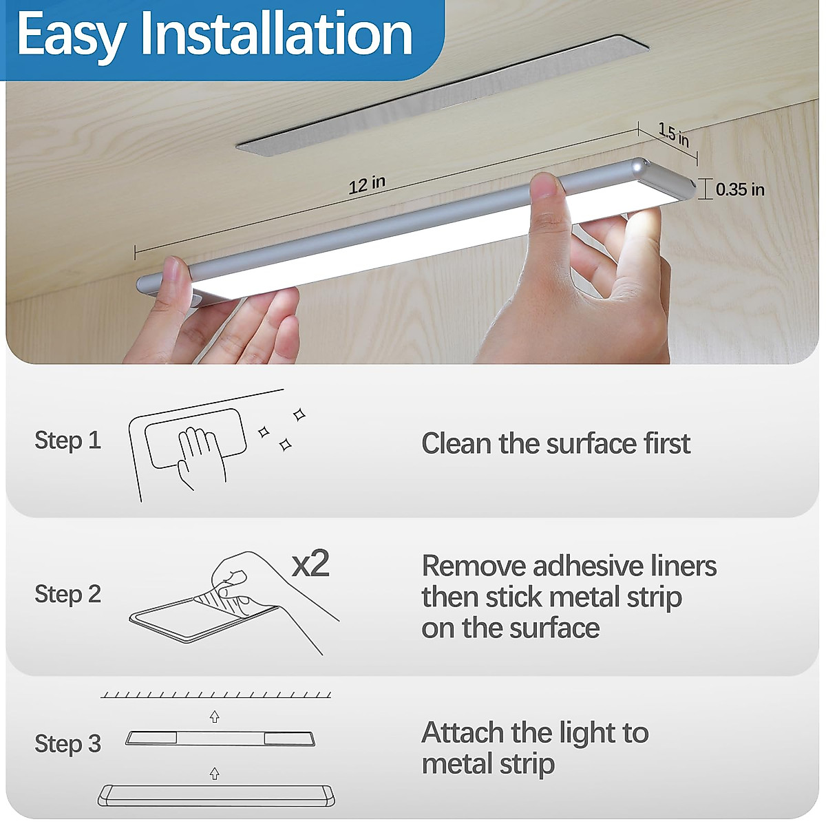 YLXS 51-LED Motion Sensor Under Cabinet Light, 12-inch Magnetic Rechargeable Under Counter Closet Lights, Wireless Night Light Bar, 3-Pack, Cool White