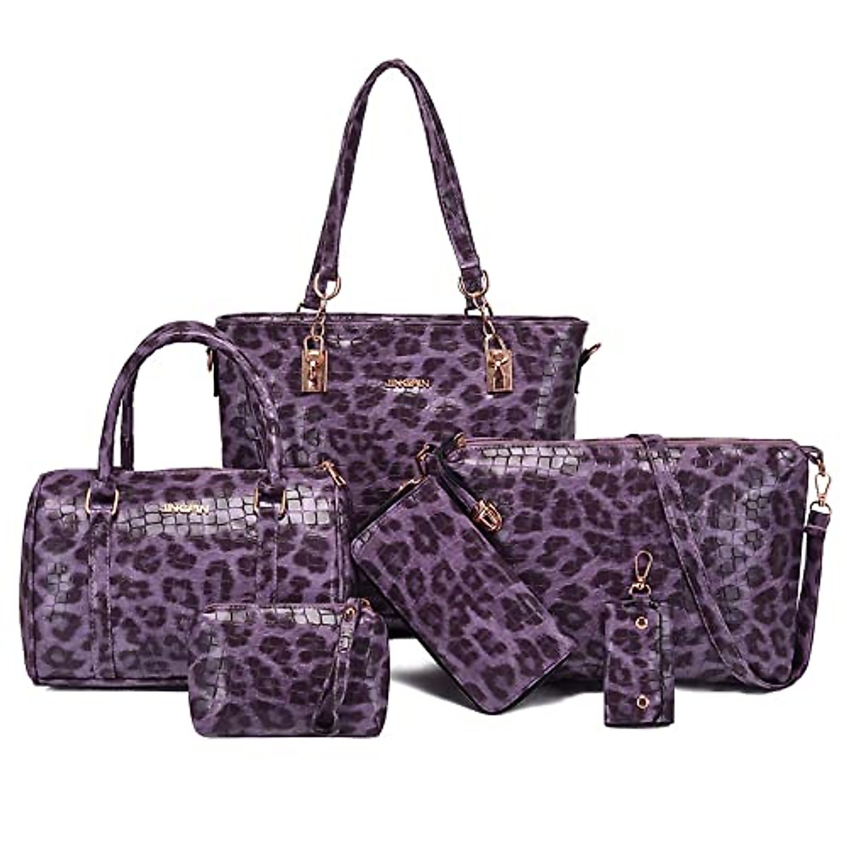 ZiMing 6-Pcs Handbags Set Women Purses Leopard Print & Crocodile Pattern PU Leather Totes Shoulder Bags Satchel Top Handle Handbag Wallet-Purple