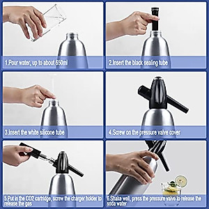 KOUPOURA Soda Siphon, Upgraded 1L Soda Water Siphon Portable Soda Maker Seltzer Water Maker Seltzer Siphon Bottle Kit for Home Bar Club Making Soda Water DIY Soda Drinks (Silver)