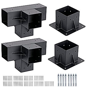 Neorexon Pergola Kit Elevated Wood Stand Kit Woodwork for 4"x 4" (Actual 3.6 X 3.6 inch), Solid Stainless Steel 304 Wooden Gazebo Kit for Outdoor 4 Way Right Angle Corner Bracket and Base Brackets