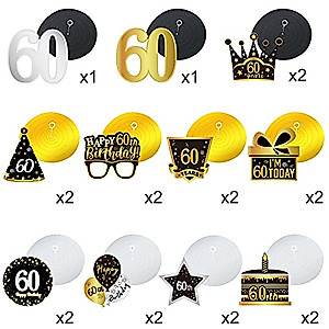30 Pieces Birthday Party Decorations, Birthday Party Hanging Swirls, Silver Black Golden Cake Glasses Balloons Sign Foil Swirls Ceiling Decorations for Boy and Girl (60th Style)