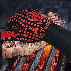 Turkey Fryer BBQ Heat Resistant Gloves, Cooking Gloves, Oven Gloves 1472℉,14Inch, Heat Resistant, Grill Gloves, Silicone Non-Slip Cooking Gloves for Cooking, Grilling, Baking, Welding, (Large, Red)