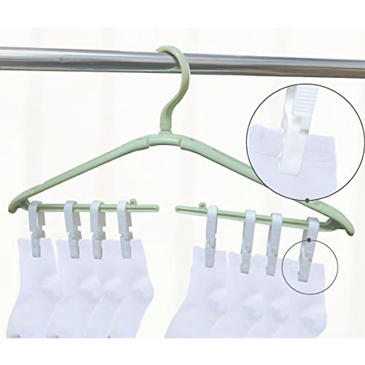 Fineget Foldable Coat Hangers with Clips Portable Travel Shorts Socks Clothes Hangers for Closet Shoes Collapsible Plastic Heavy Duty No Slip Hangers Quick Drying Green 4 PCS + 8 Clips