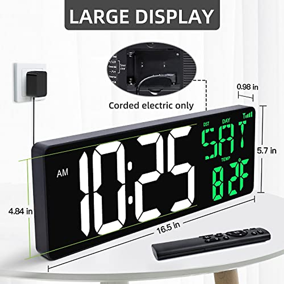 TXL Auto Set Digital Wall Clock Large Display, 16.5" LED Wall Clock with Date & Temperature, Count Up/Down Timer Clock with Remote Control, Large Digital Alarm Clock for Seniors Home, Office