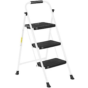 Lifetime Home 3-Step Ladder with Wide Anti-Slip Platform & Thick Rubber Feet - Lightweight Heavy Duty Foldable & Portable - 330 lbs Capacity, Steel Frame, Rubber Handgrip, Folding Step Stool - White