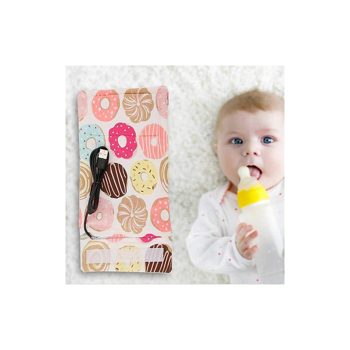 USB Baby Bottle Warmer Travel Bottle Warmer, On The Go Bottle Warmer USB Bottle Warmer Portable Bottle Warmer for Babie, Portable Milk Heater Cover(Donut Pattern)