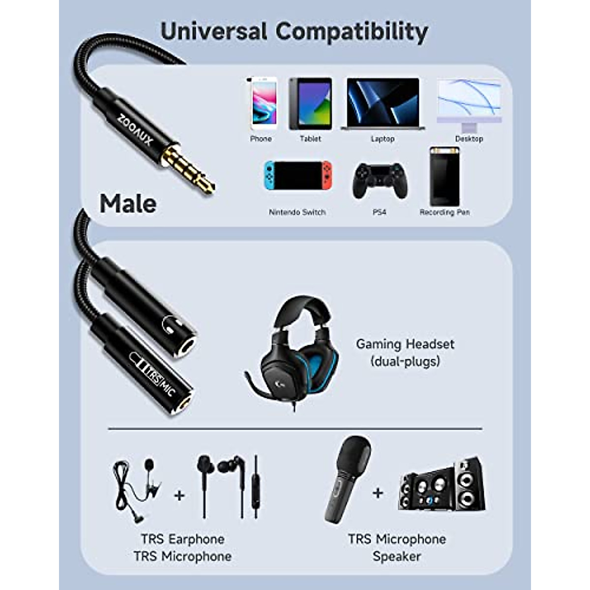 ZOOAUX 3.5mm Combo Audio Adapter Cable with Separate Mic and Audio Headphone Connector for PS4,PS5,Xbox One S,Nintendo Switch,Tablet,Mobile Phone,PC Gaming Headsets and New Version Laptop 13 Inch