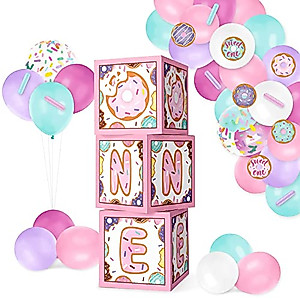 Levfla Donut One Balloons Boxes Decoration Pastel Baby First Birthday Backdrop Blocks Sprinkles Photo Props Cutouts Sweet One Year Anniversary Celebration Cake Smash Favor Ideas