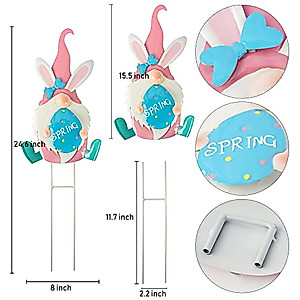 FUNPENY Set of 2 Metal Easter Gnomes Yard Signs Outdoor, 24.6 Inch Bunny Rabbits Stakes Easter Decorations for Garden, Lawn, Party, Easter Props Decor