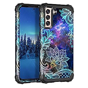 Casetego Compatible with Galaxy S21 5G Case,Floral Three Layer Heavy Duty Sturdy Shockproof Soft TPU+Hard PC Protective Cover Case for Samsung Galaxy S21 5G 6.2 inch,Blue Mandala