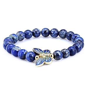 Gem Stone King 8mm Simulated-Lapis Lazuli 18K Yellow Gold Plated Silver Cloisonne Enamel Butterfly Bracelet For Women