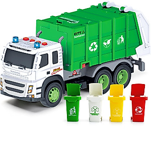 MOBIUS Toys Garbage Truck Friction-Powered – 1:12 Scale Large Size Truck w/Sounds, Lights, Loader, 4 Trash Cans for Learning Waste Management Recycling Toy for Toddlers, Boys, Girls 3 4 5 Years Old
