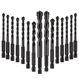 15 pcs Black Masonry Drill Bits Set, Mgtgbao Ceramic Tile Drill Bits Carbide Tip for Glass, Brick, Tile, Concrete, Plastic and Wood with Size 4mm,5mm,6mm,8mm,10mm,12mm