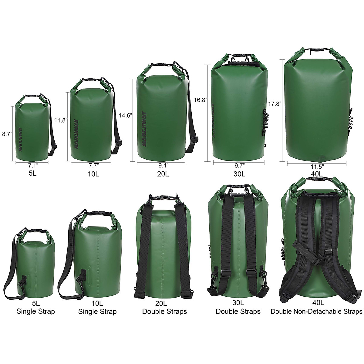 MARCHWAY Floating Waterproof Dry Bag Backpack 5L/10L/20L/30L/40L, Roll Top Sack Keeps Gear Dry for Kayaking, Rafting, Boating, Swimming, Camping, Hiking, Beach, Fishing (Dark Green, 40L)