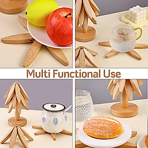 Wooden Trivets for Hot Dishes,Wooden Tree Trivet Set,Tree Coasters for Hot Dishes - 4 Wooden Trivet + 1 Stand (Walnut Wood)