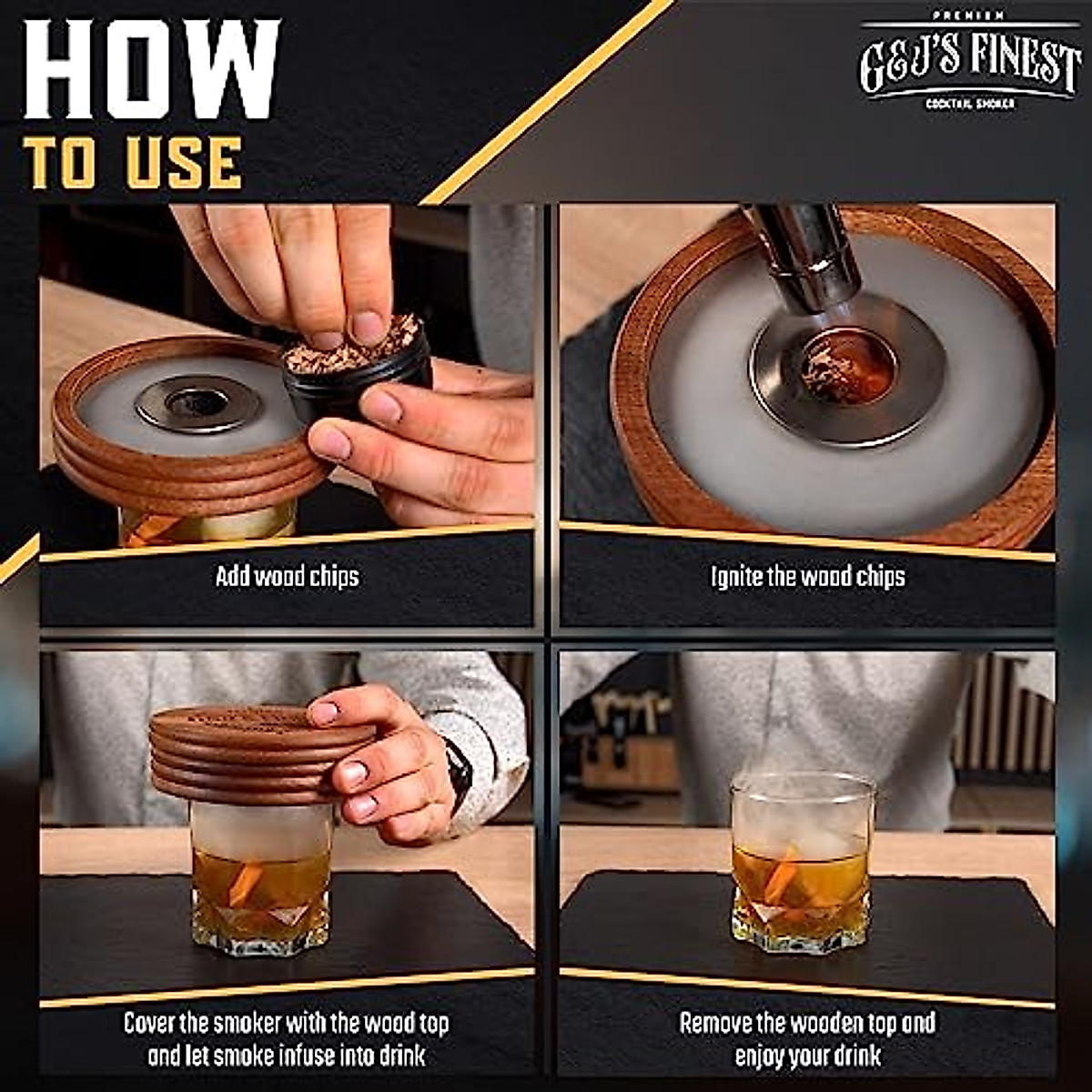 Whiskey Smoker Kit with Quad Flame Torch, Scorch Shield, Lid, 6 Wood Chips & Wooden Gift Box for Smoked Old Fashioned Bourbon Drink Infuser| Cocktail Smoker (Cherry Wood, No Butane)