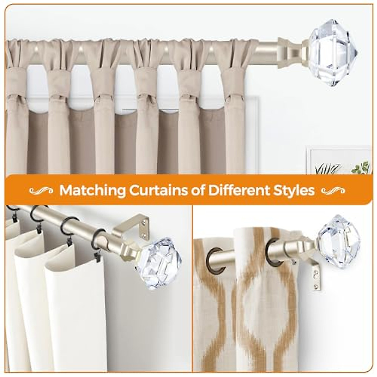 TONIAL Curtain Rods 32 to 58 Inch(2.6-4.8ft), Telescoping Splicing 3/4 Single Rods for Windows Decorative Drapery Rod with Acrylic Diamond Finial, Champagne Gold