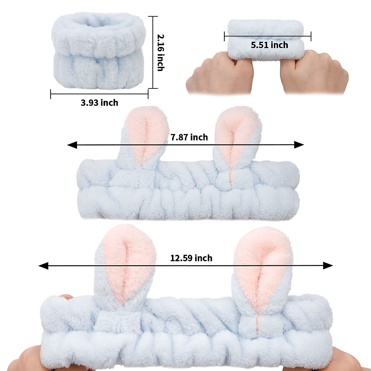 AMCAMI Bunny Ears Shower Set for Women - 6 Pcs Makeup Headbands with Wristband, Elastic Cosmetic Headbands for Face Washing