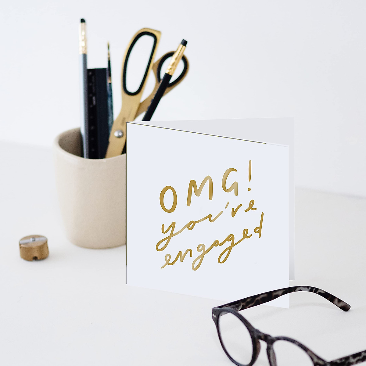 Old English Co. OMG Engaged Card - Cute and Fun Gold Foil Greeting For Her and Him | Engagement Card for Happy Couple, Bride and Groom, Mr and Mrs | Blank Inside & Envelope Included