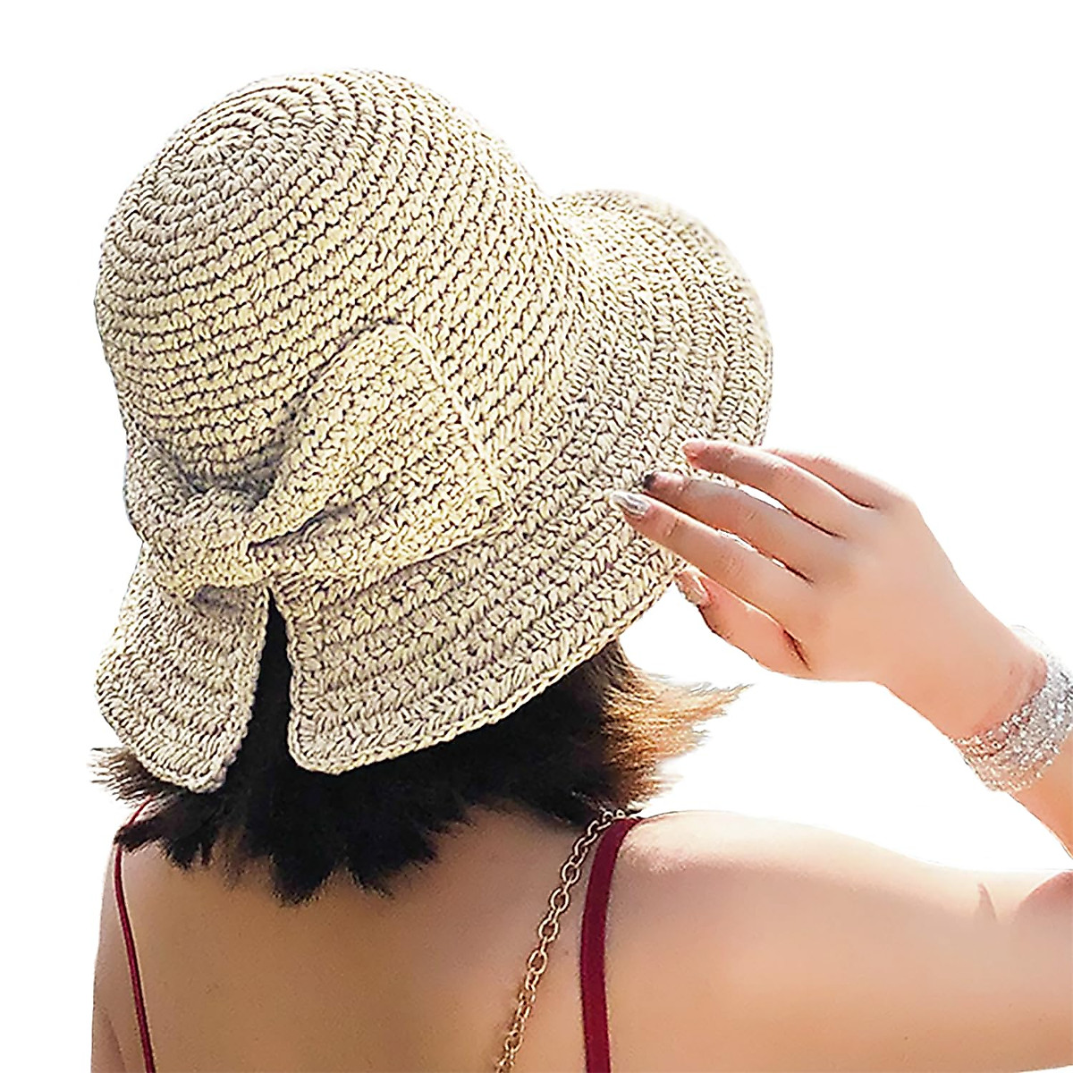 Foldable Wide Brim Floppy Straw Beach Sun Hat,Summer Cap with Bowknot for Women Girls,Strap Adjustable (1 Pack Beige)