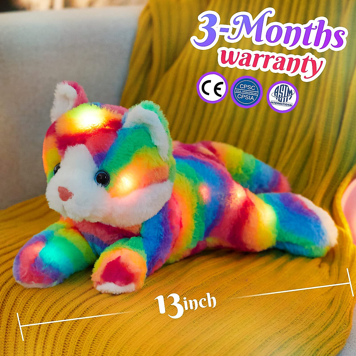 Glow Guards 13'' Light Up Rainbow Cat Plush Toy with LED Night Light & Lullaby for Kids, Soft Stuffed Animal Christmas & Birthday Gift