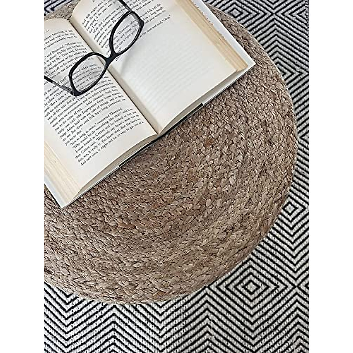 S & L Homes Pouf Ottoman - 100% Jute Braided Footrest Pouf Hand Knitted Traditional Cord Boho Pouffe for Living Room, Bedroom, Nursery, Patio, Lounge Colorblock - Natural Ivory (20”x20”x10”)