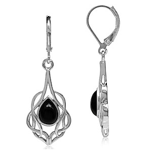 Silvershake Genuine Black Onyx White Gold Plated 925 Sterling Silver Celtic Knot Drop Dangle Leverback Earrings