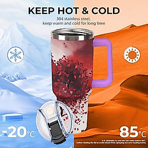 LLUTSNTH 40 Oz Vacuum Tumbler with Violet Handle Leakproof Insulated Tumbler Red Love Heart Tree Stainless Steel Travel Mug with Lid And Straw Coffee Cup Cute Water Bottles Cup Holder Friendly