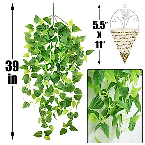 COOWAS 2pcs Artificial Hanging Plants 3.2 Feet Fake Ivy Vine Leaves Greenery for Wedding Party Outdoor Garden Office Home Kitchen Bedroom Wall Decor (Basket Includes)