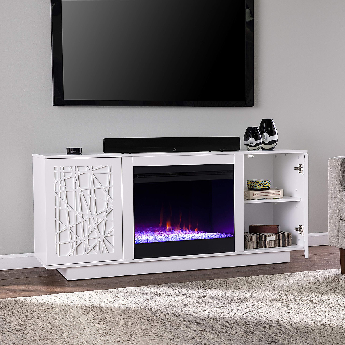 SEI Furniture Delgrave Electric Fireplace TV Stand for TVs up to 56 Inches with Color Changing LED Flame, White