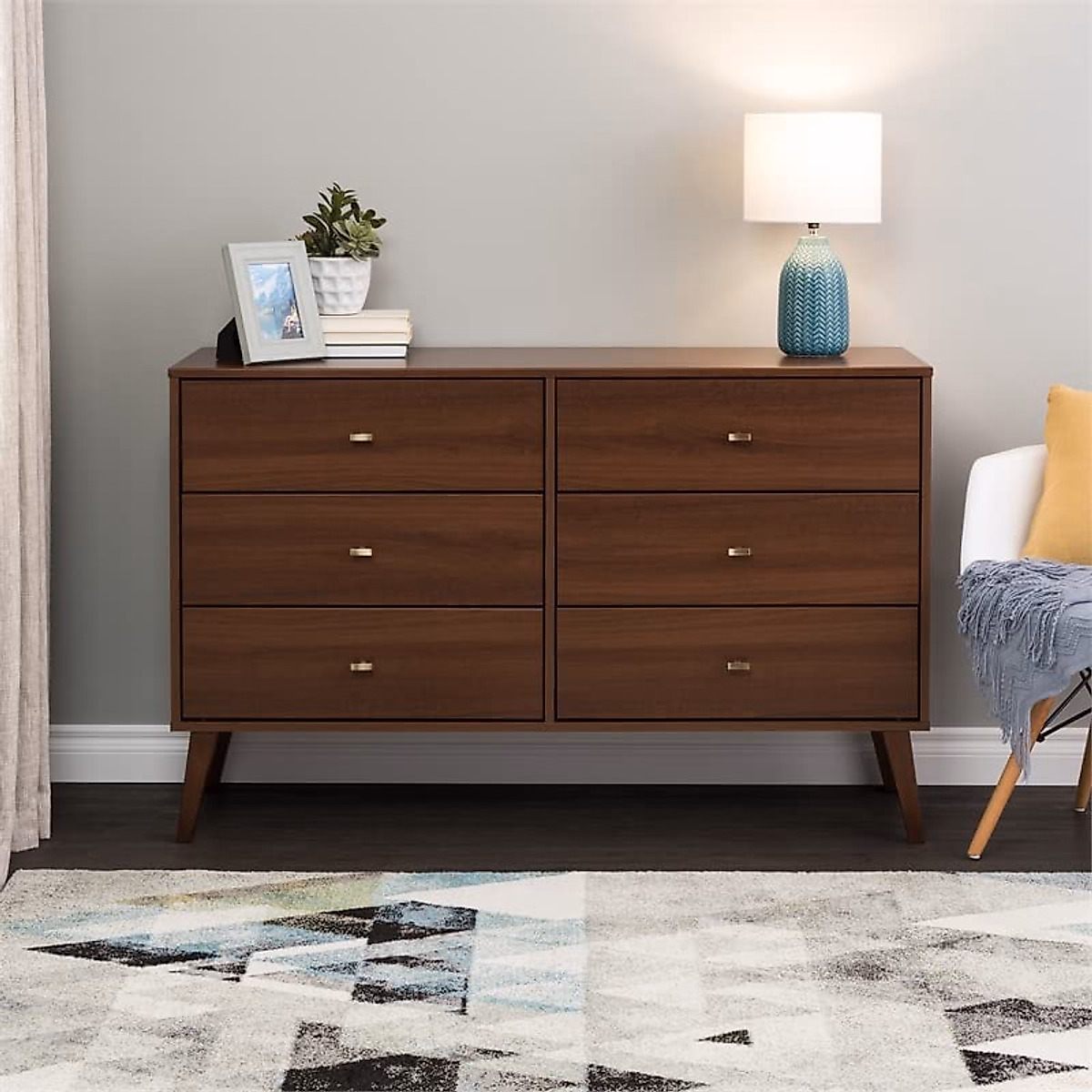 Prepac Milo Mid-Century 6 Drawer Dresser For Bedroom, 16" D x 52.50" W x 33" H, Cherry