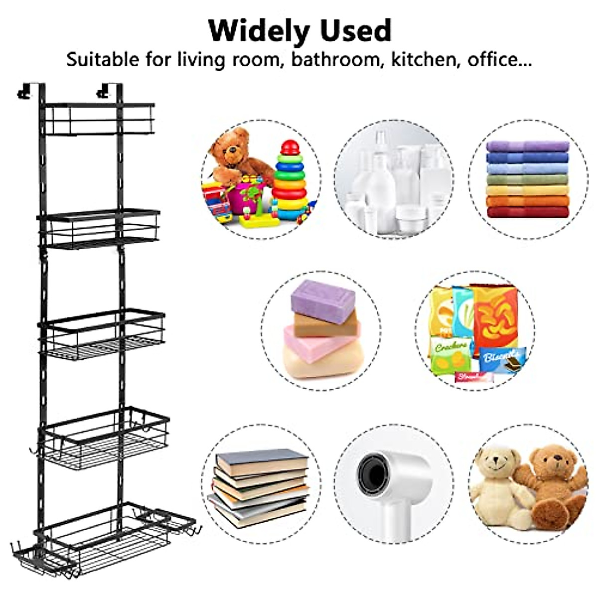 PINPON Over the Door Shower Caddy 5-tier Adjustable Hanging Shower Organizer with 8 Hooks Extra Large Metal Rustproof Bathroom Shelves Rack with 2 Detachable Soap Holder(Black)