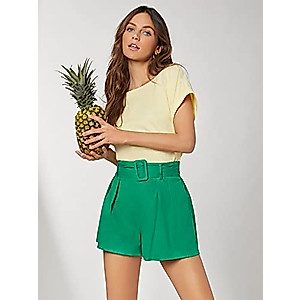 Floerns Women's Solid Elastic High Waist Buckle Belted Wide Leg Shorts Green M