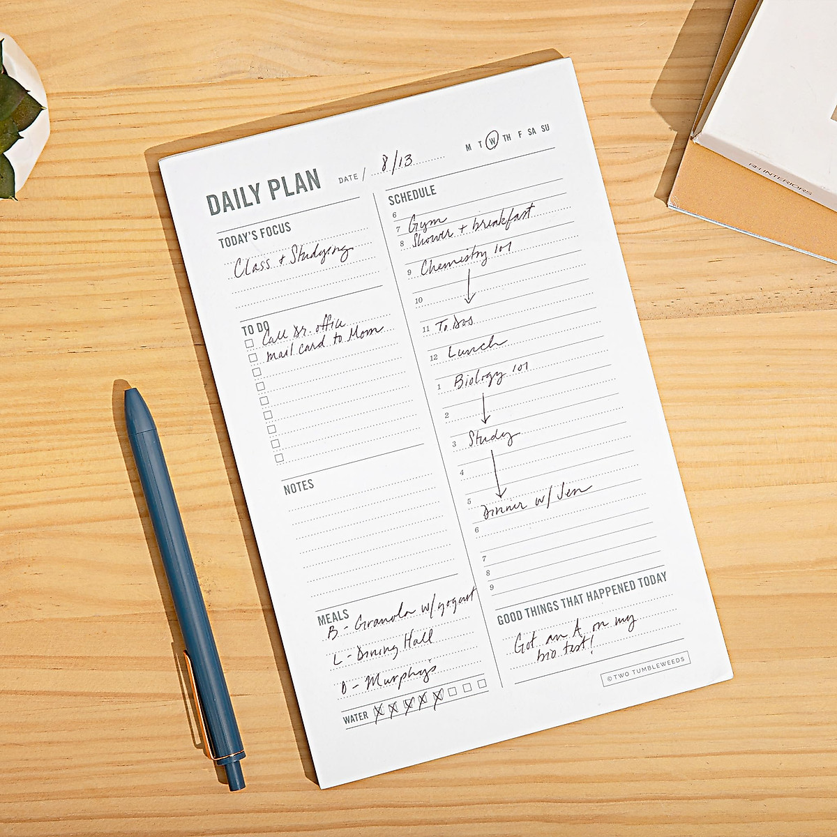 Two Tumbleweeds Daily Planner Notepad - Desktop To Do List Planning Pad with Hourly Schedule, Time Block Planner, College School Supplies - 6 x 9” - 50 Undated Sheets