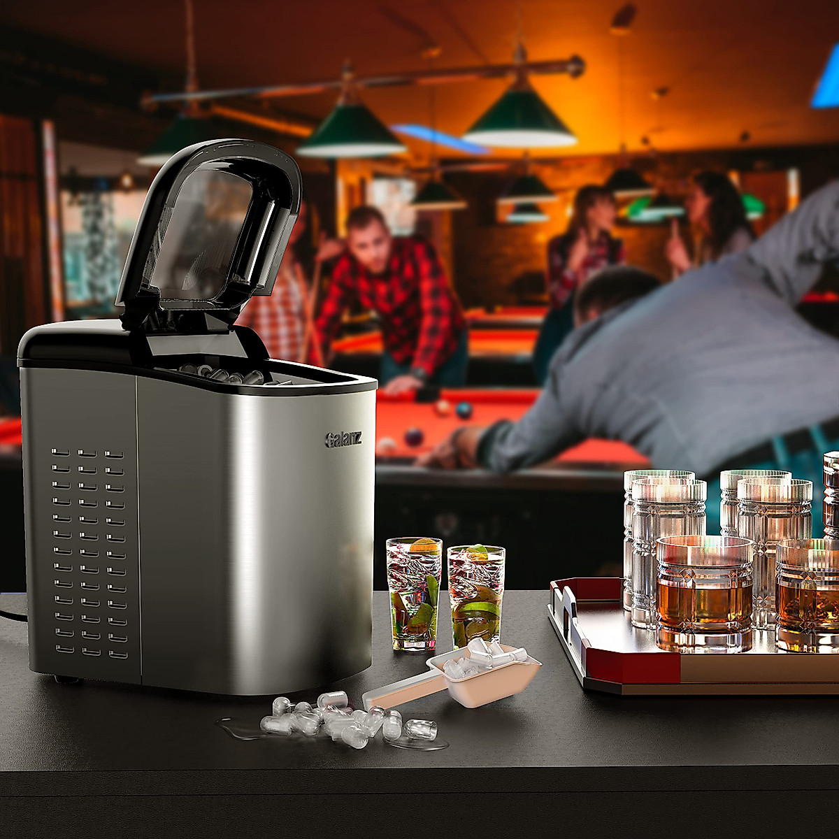 Galanz Portable Countertop Electric Ice Maker Machine, 26 lbs in 24 Hours, 9 Bullet Shaped Cubes Ready in 7 Minutes, 2 Ice Sizes, Perfect for Parties & Home Bar, 2.1 L Stainless Steel