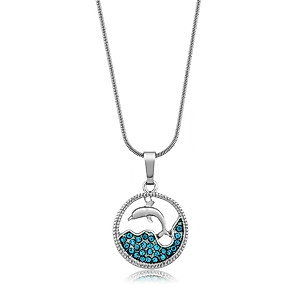 Gem Stone King Stunning Dolphin and Sea in a Circle with Blue Crystals Pendant 16 Inch Chain
