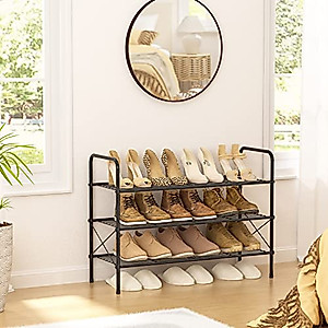Tajsoon 3-Tier Stackable Shoe Rack Organizer, Adjustable & Expandable Shoe Storage Shelf for Entryway, Metal Wire Grid with X Shape Fixed Frame, Black