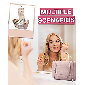 BAGSMART Travel Toiletry Bag for Women, Hanging Toiletry Bag with Hook, Travel Cosmetic Makeup Bag Travel Organizer for Accessories, Shampoo, Full Sized Container, Toiletries,Pink-Medium