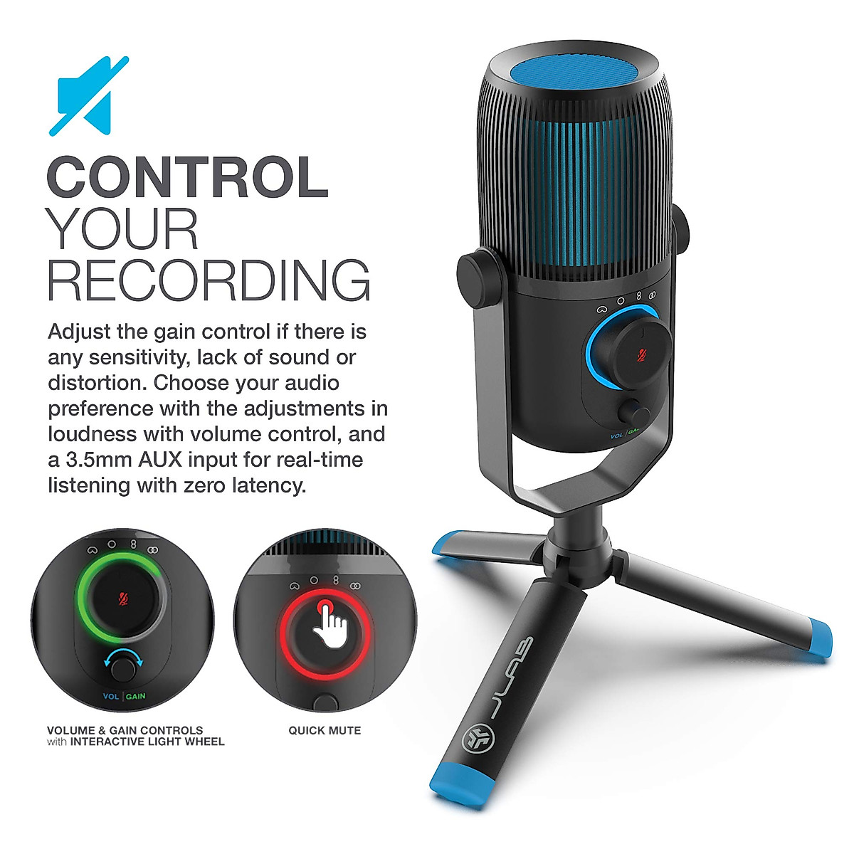 JLab Talk USB Microphone | USB-C Output | Cardioid, Omnidirectional, Stereo or Bidirectional | 96k Sample Rate | 20Hz - 20kHz Frequency Response | Volume, Gain Control, Quick Mute | Plug & Play