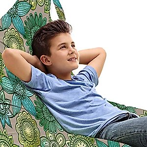 Ambesonne Ethnic Lounger Chair Bag, Flower Petals in Traditional Blossom Bouquets Oriental Pattern, High Capacity Storage with Handle Container, Lounger Size, Turquoise Beige Green