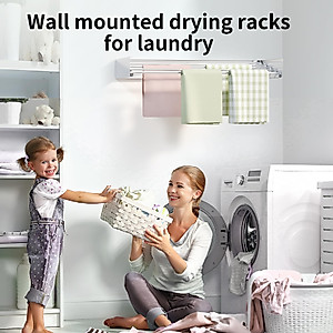 QIICMER Drying Rack Clothing，Wall Mounted Drying Rack，Collapsible Drying Racks for Laundry，Retractable Clothes Drying Rack， Laundry Space Saver Wall Mounted Rack，60 lb Capacity(White 31.5")